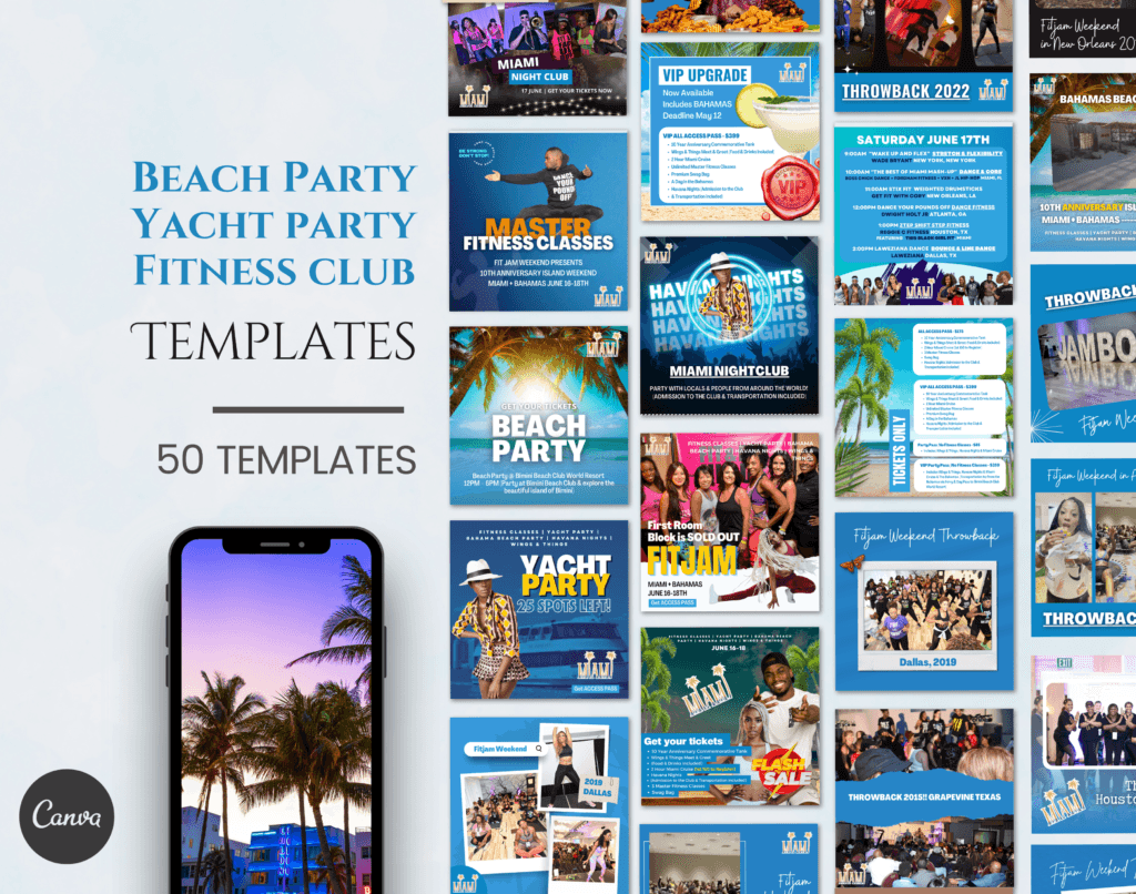 Beach & Yacht Party Canva Templates | Social Media Posts for Fitness ...